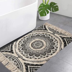 leevan small boho bathroom rug 2' x 3' tufted machine washable throw rugs bohemian mandala area rug with tassels hand woven farmhouse kitchen sink rug for laundry room/bedroom,cream and black