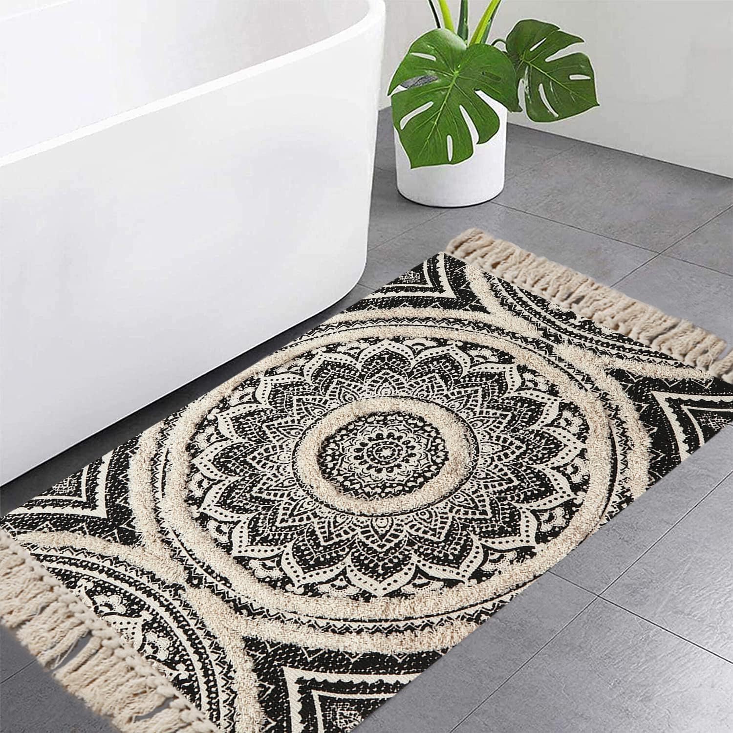 LEEVAN Small Boho Bathroom Rug 2' X 3' Tufted Machine Washable Throw Rugs Bohemian Mandala Area Rug with Tassels Hand Woven Farmhouse Kitchen Sink Rug for Laundry Room/Bedroom,Cream and Black