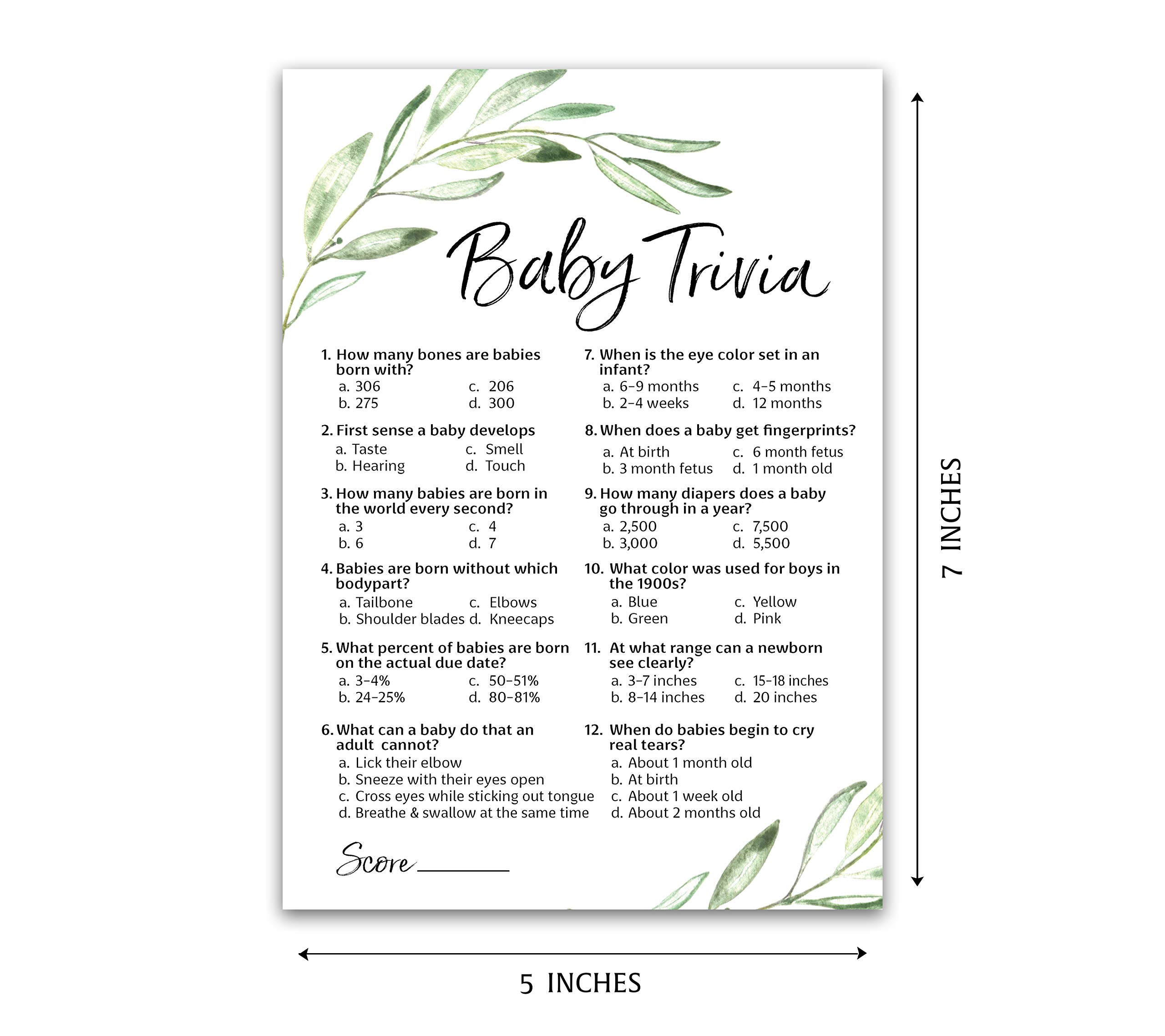 GREENERY Baby Shower Game — BABY TRIVIA Games — Pack of 25 — Fun Baby Facts Games, Floral, Green, Olive Branch Baby Shower Activity, Rustic Gender Neutral Baby Shower Games, G320-TRV