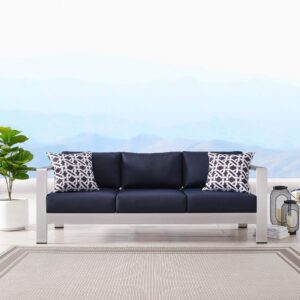 modway shore aluminum metal outdoor patio sofa with silver navy all-weather cushions