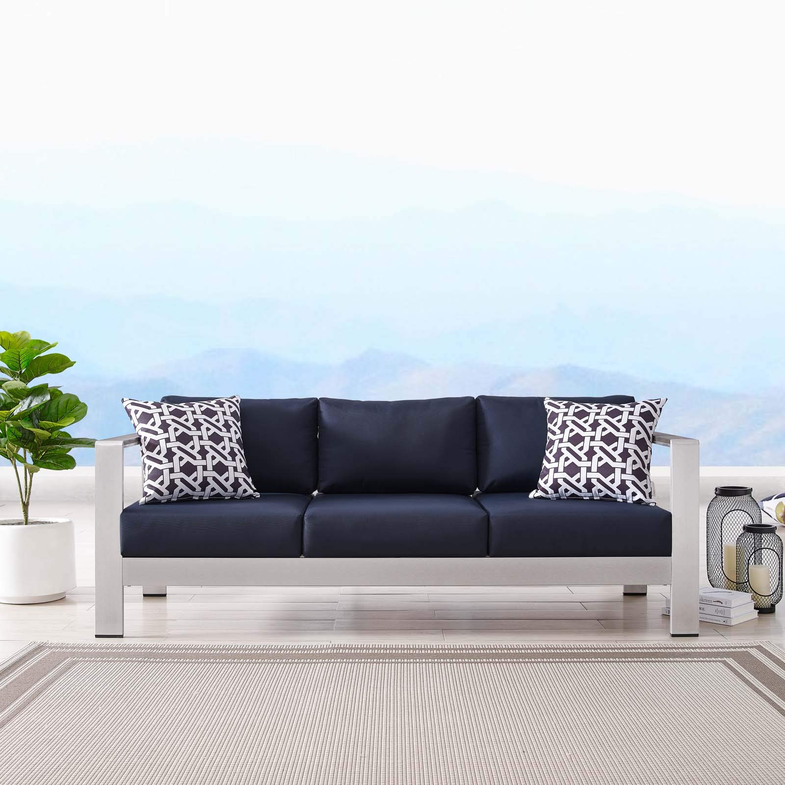 Modway Shore Aluminum Metal Outdoor Patio Sofa With Silver Navy All-Weather Cushions