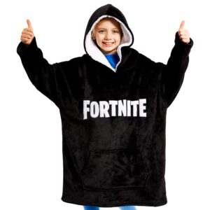 fortnite oversized hoodie blanket kids fleece extra long wearable blanket hooded poncho boys girls teens 14+ (black)