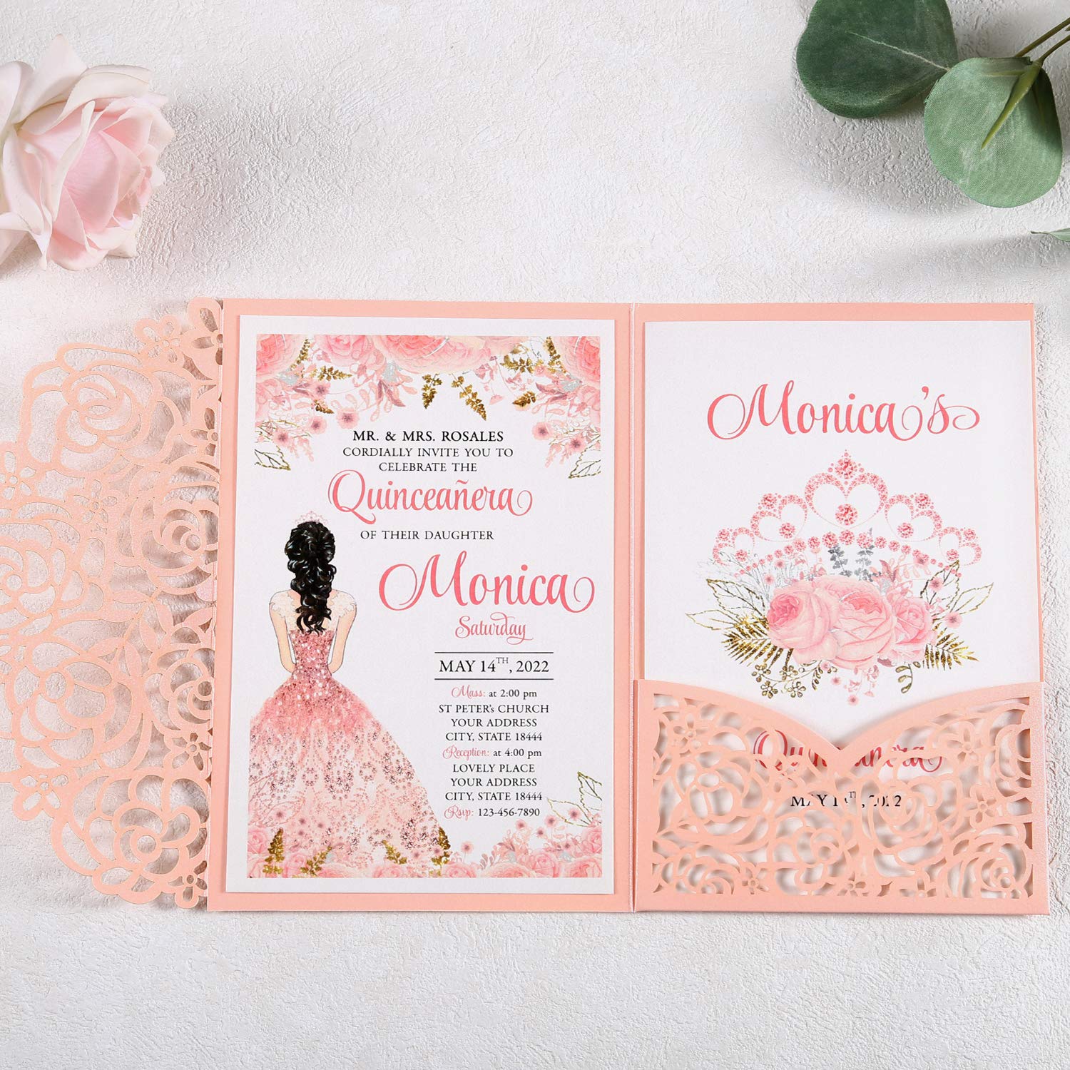 DreamBuilt 4.7 x7 inch 50PCS Personalized Pink Quinceanera Invitations Kit Laser Cut Hollow Rose Pocket Quinceanera Invitation Cards with Envelopes for Bridal Shower Quincenera Birthday Invite