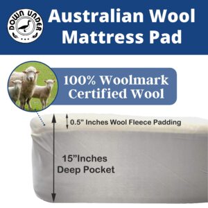 Down Under Wool Mattress Topper, King Size 100% Australian Wool Mattress Pad, 15" Deep Pocket & 0.5" Fleece Padding, Woolmark Certified Organic Mattress Protector, All Season Breathable Mattress Case