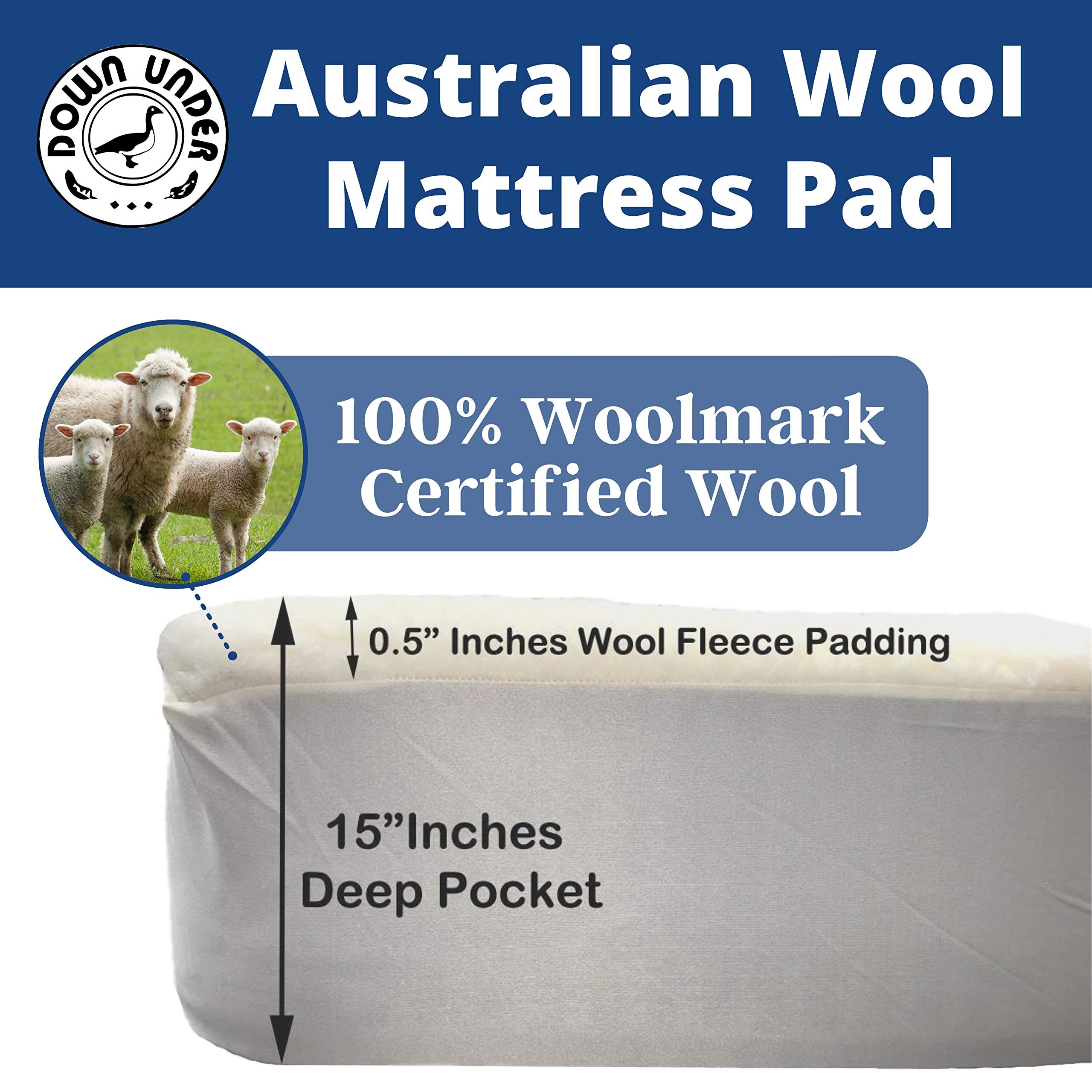 Down Under Wool Mattress Topper, King Size 100% Australian Wool Mattress Pad, 15" Deep Pocket & 0.5" Fleece Padding, Woolmark Certified Organic Mattress Protector, All Season Breathable Mattress Case