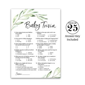 GREENERY Baby Shower Game — BABY TRIVIA Games — Pack of 25 — Fun Baby Facts Games, Floral, Green, Olive Branch Baby Shower Activity, Rustic Gender Neutral Baby Shower Games, G320-TRV