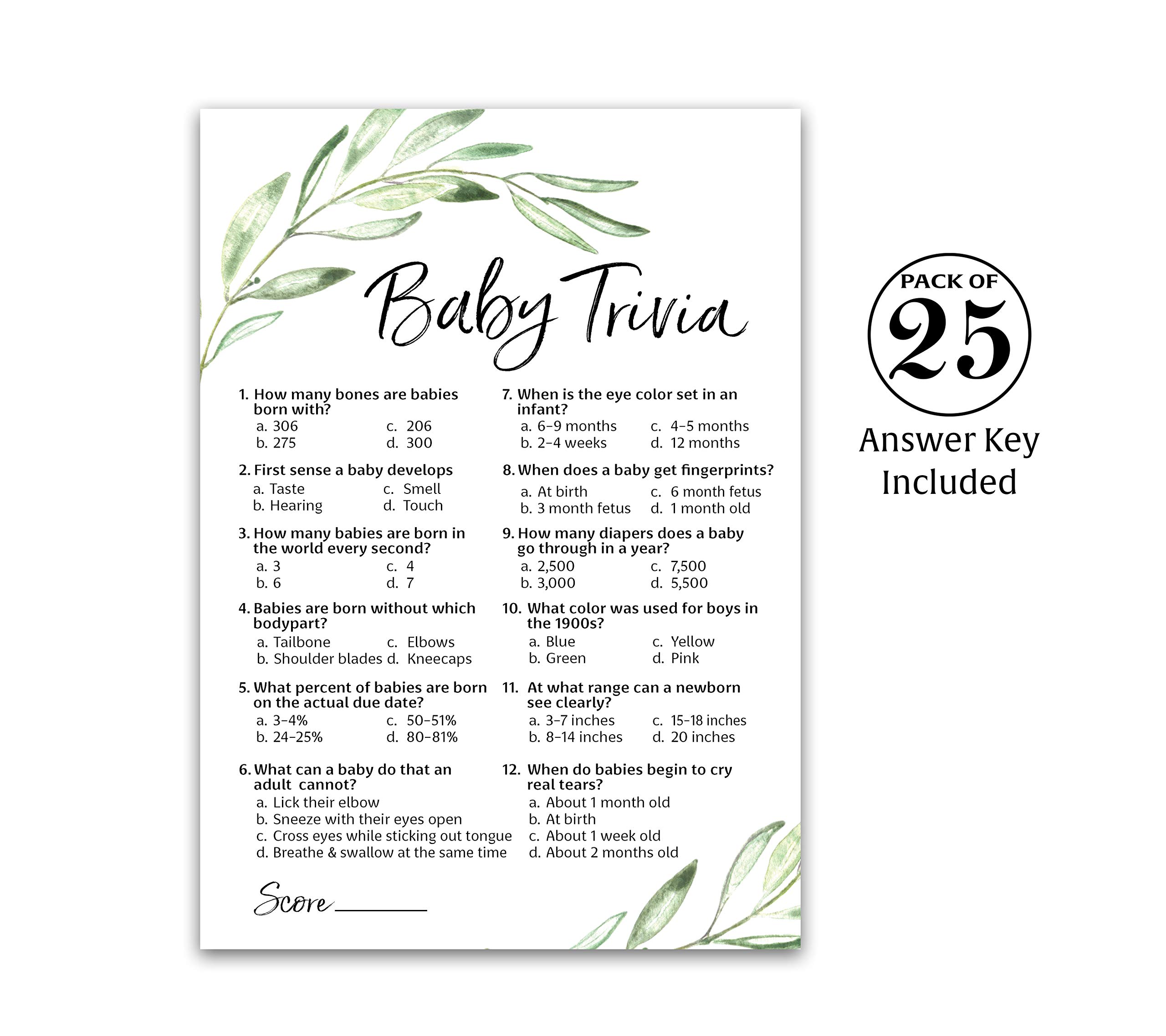 GREENERY Baby Shower Game — BABY TRIVIA Games — Pack of 25 — Fun Baby Facts Games, Floral, Green, Olive Branch Baby Shower Activity, Rustic Gender Neutral Baby Shower Games, G320-TRV