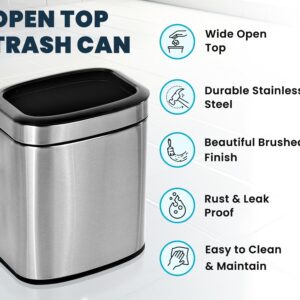 Alpine 10 Liter Small Bathroom Trash Can No Lid - Open Top Stainless Steel Bathroom Trash Can 2.6 Gallon, Slim Silver Trashcans for Bedroom, Office, Desk, Kitchen with Removable Bin for Easy Disposal