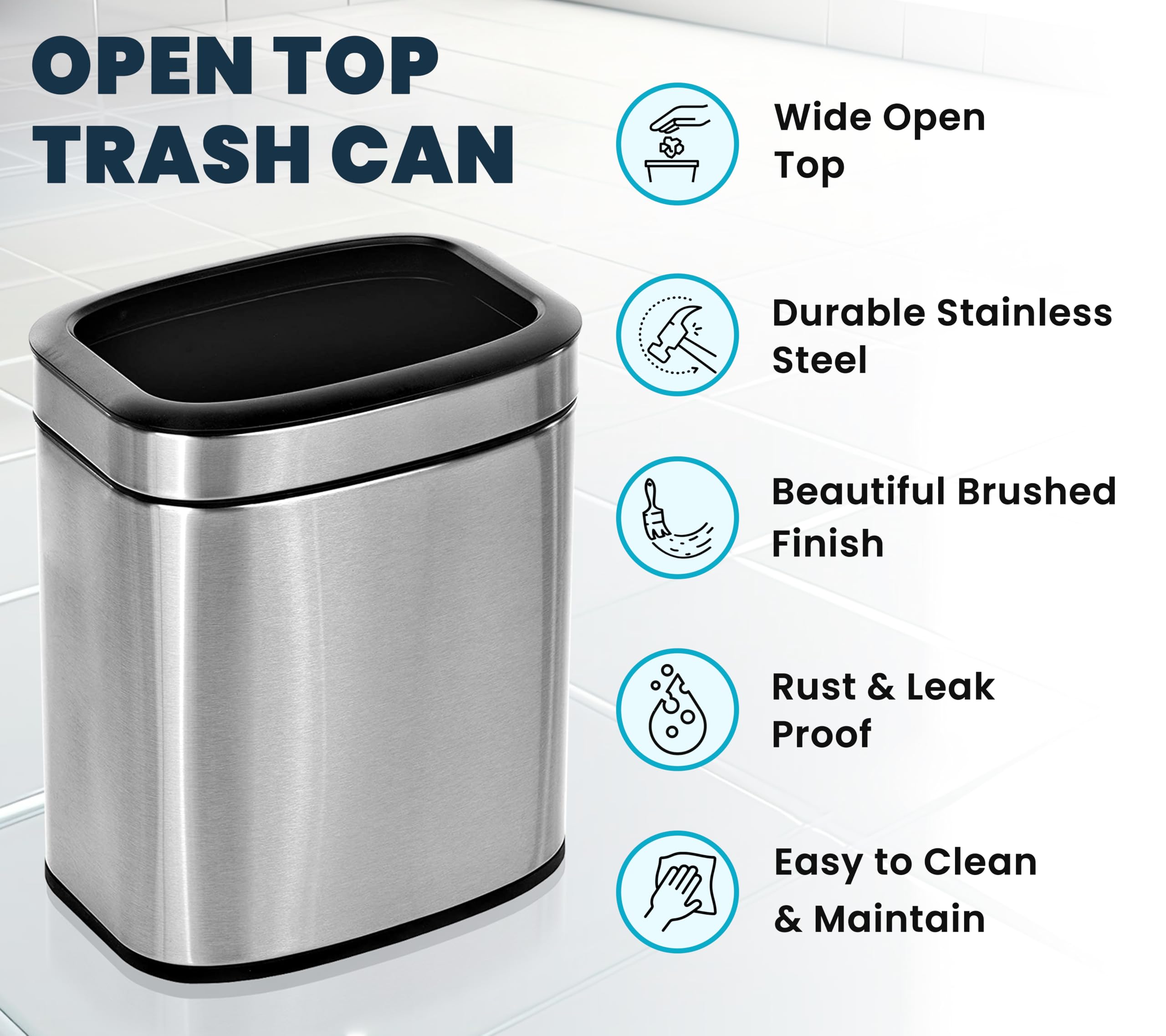 Alpine 10 Liter Small Bathroom Trash Can No Lid - Open Top Stainless Steel Bathroom Trash Can 2.6 Gallon, Slim Silver Trashcans for Bedroom, Office, Desk, Kitchen with Removable Bin for Easy Disposal