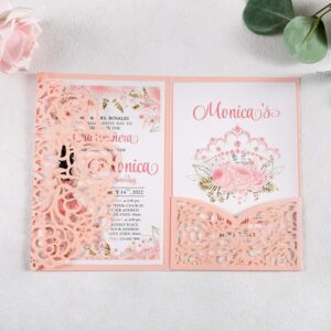 DreamBuilt 4.7 x7 inch 50PCS Personalized Pink Quinceanera Invitations Kit Laser Cut Hollow Rose Pocket Quinceanera Invitation Cards with Envelopes for Bridal Shower Quincenera Birthday Invite