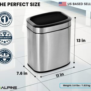 Alpine 10 Liter Small Bathroom Trash Can No Lid - Open Top Stainless Steel Bathroom Trash Can 2.6 Gallon, Slim Silver Trashcans for Bedroom, Office, Desk, Kitchen with Removable Bin for Easy Disposal