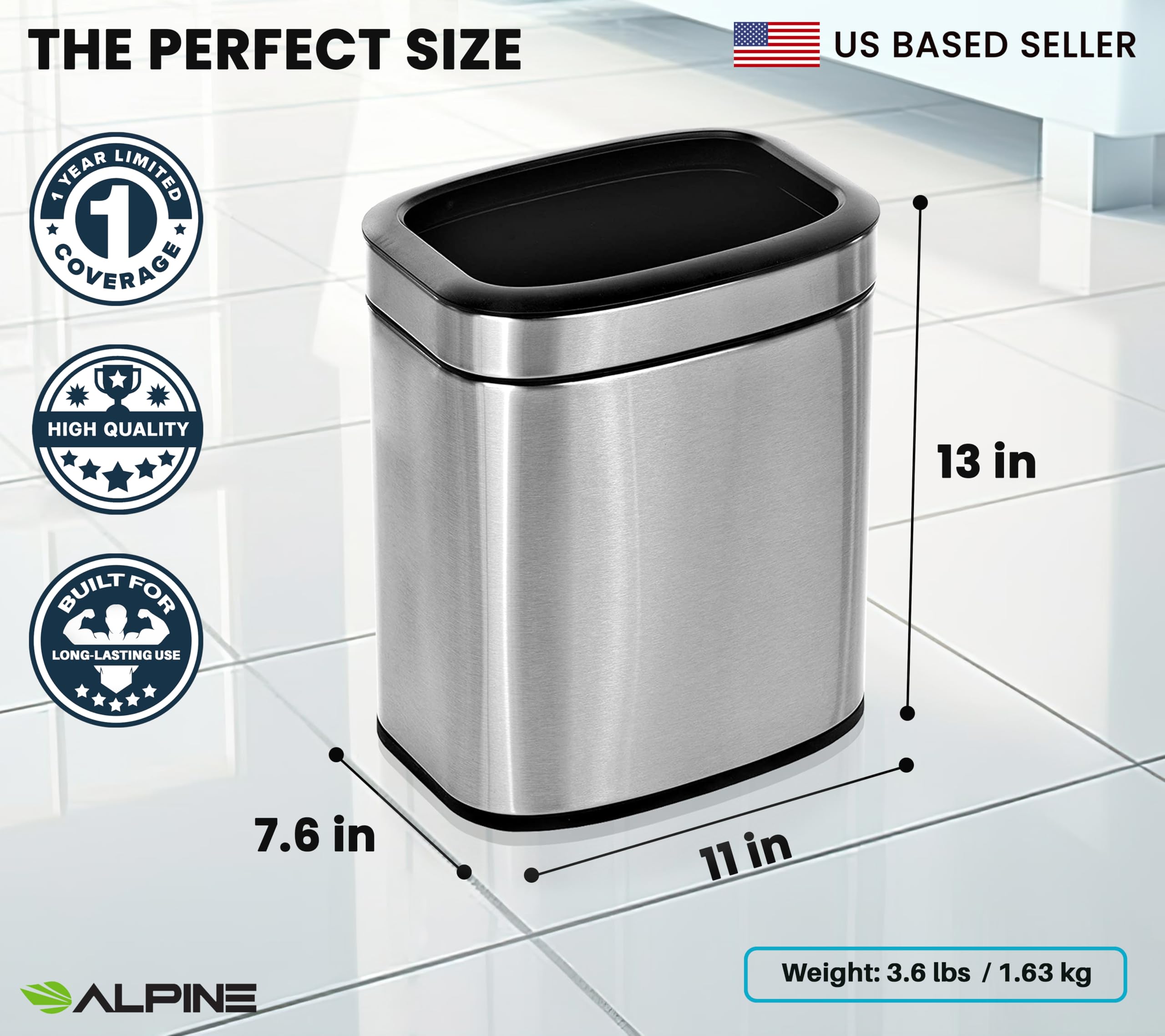 Alpine 10 Liter Small Bathroom Trash Can No Lid - Open Top Stainless Steel Bathroom Trash Can 2.6 Gallon, Slim Silver Trashcans for Bedroom, Office, Desk, Kitchen with Removable Bin for Easy Disposal