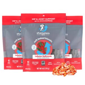 shameless pets soft-baked dog treats, lobster rollover - natural & healthy dog chews for hip & joint support with glucosamine - dog biscuits baked & made in usa, free from grain, corn & soy - 3-pack