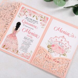 DreamBuilt 4.7 x7 inch 50PCS Personalized Pink Quinceanera Invitations Kit Laser Cut Hollow Rose Pocket Quinceanera Invitation Cards with Envelopes for Bridal Shower Quincenera Birthday Invite