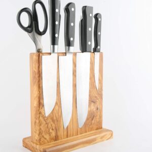 BOUMBI Beautiful Grain Wood Magnetic Knife Block with Strong Magnets, Double Side Cutlery Display Stand and Storage Rack (Olive Wood)