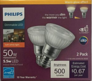 philips led dimmable par20 40-degree indoor flood light bulb with warm glow effect 500-lumen, 2200-2700-kelvin, 5.5 watts (50-watt equivalent), e26 base, soft white, 2-pack