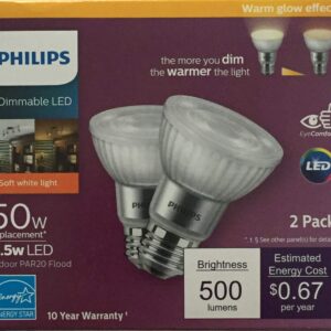 Philips LED Dimmable PAR20 40-Degree Indoor Flood Light Bulb with Warm Glow Effect 500-Lumen, 2200-2700-Kelvin, 5.5 Watts (50-Watt Equivalent), E26 Base, Soft White, 2-Pack