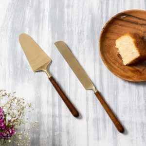 nestroots Cake Cutting Knife Server Serrated Knife Set Of 2 Dessert Server Gold With Mango Wood Handle