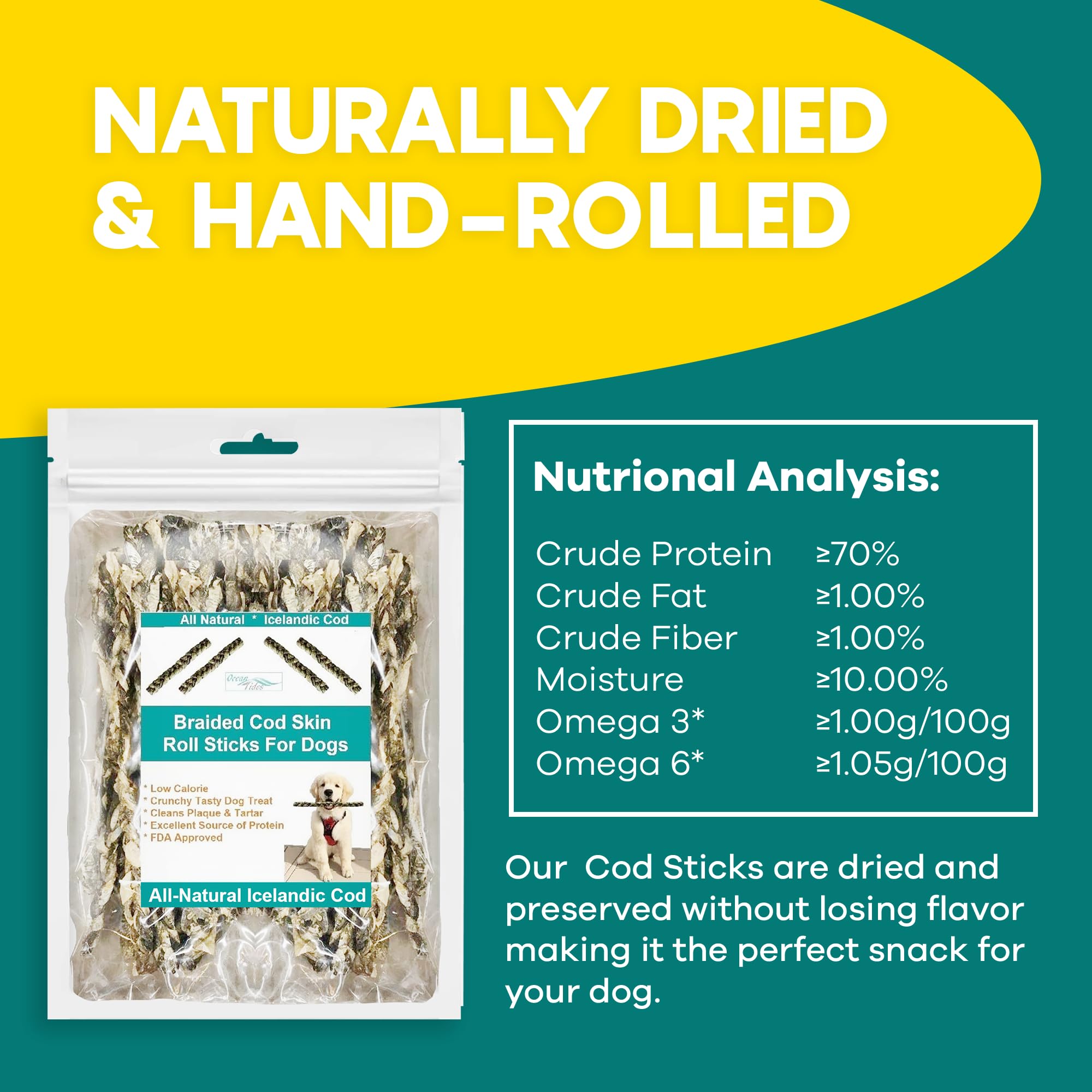 Ocean Tides Braided Icelandic Atlantic Cod Skins for Dogs and Cats, Fish Skin Dog Treats, Cod Sticks for Dogs, Dried Lean Crunch Sticks for Dog - 16 oz