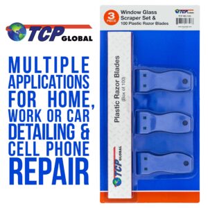 TCP Global Scraper Set with 100 Piece Double Edge Plastic Razor Blades and (3) Scraper Tool Utility Knife Holders for Glass, Removing Labels, Stickers and Detail window film graphics