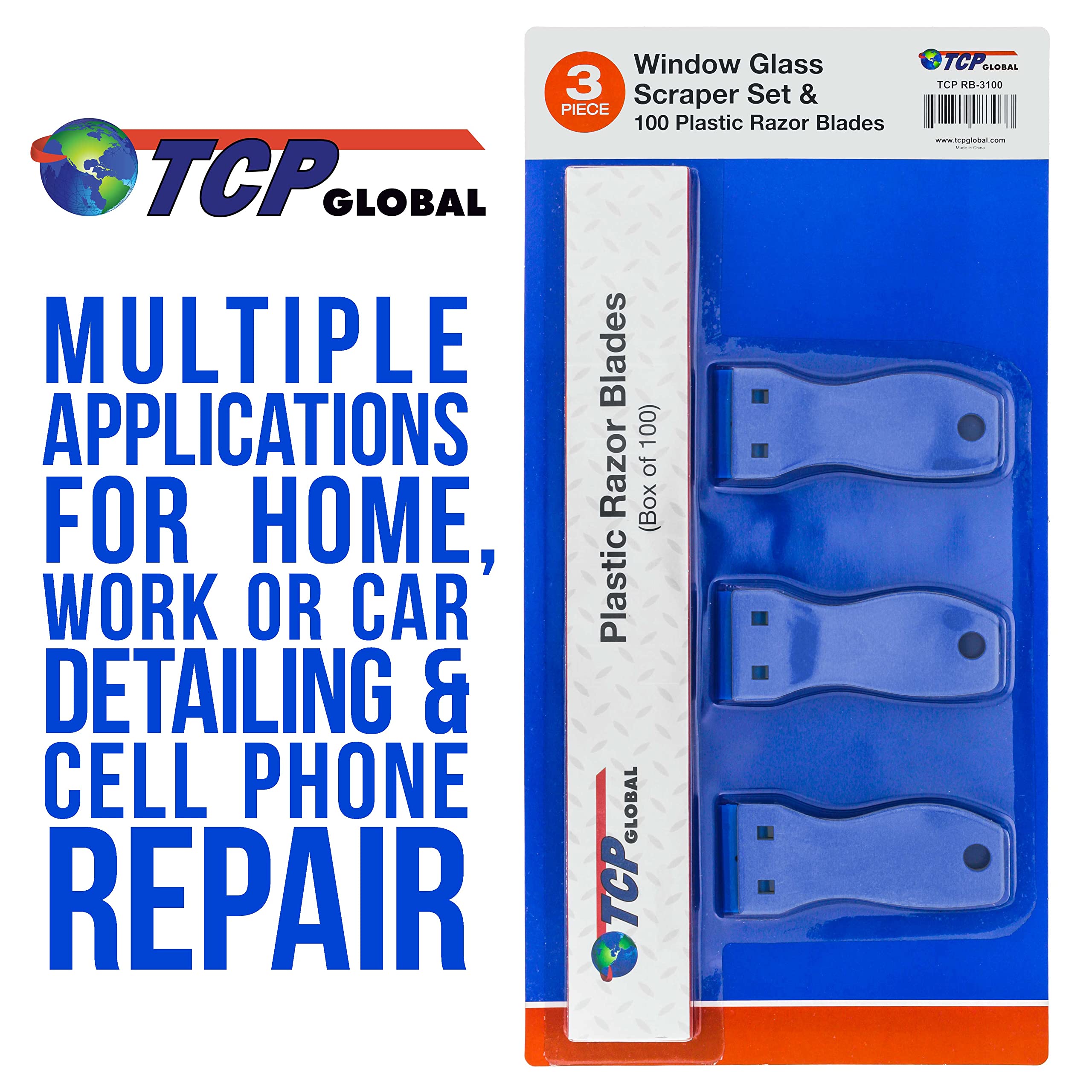 TCP Global Scraper Set with 100 Piece Double Edge Plastic Razor Blades and (3) Scraper Tool Utility Knife Holders for Glass, Removing Labels, Stickers and Detail window film graphics