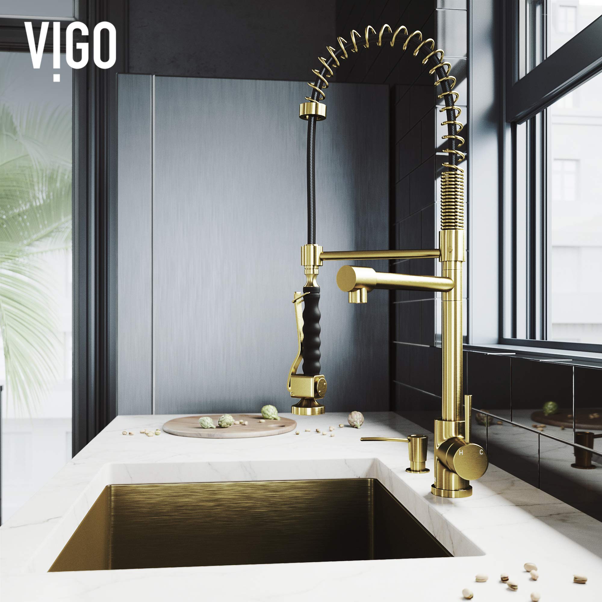 VIGO VG02007MGK2 27" H Zurich Single-Handle with Pull-Down Sprayer Kitchen Faucet with Soap Dispenser in Matte Gold