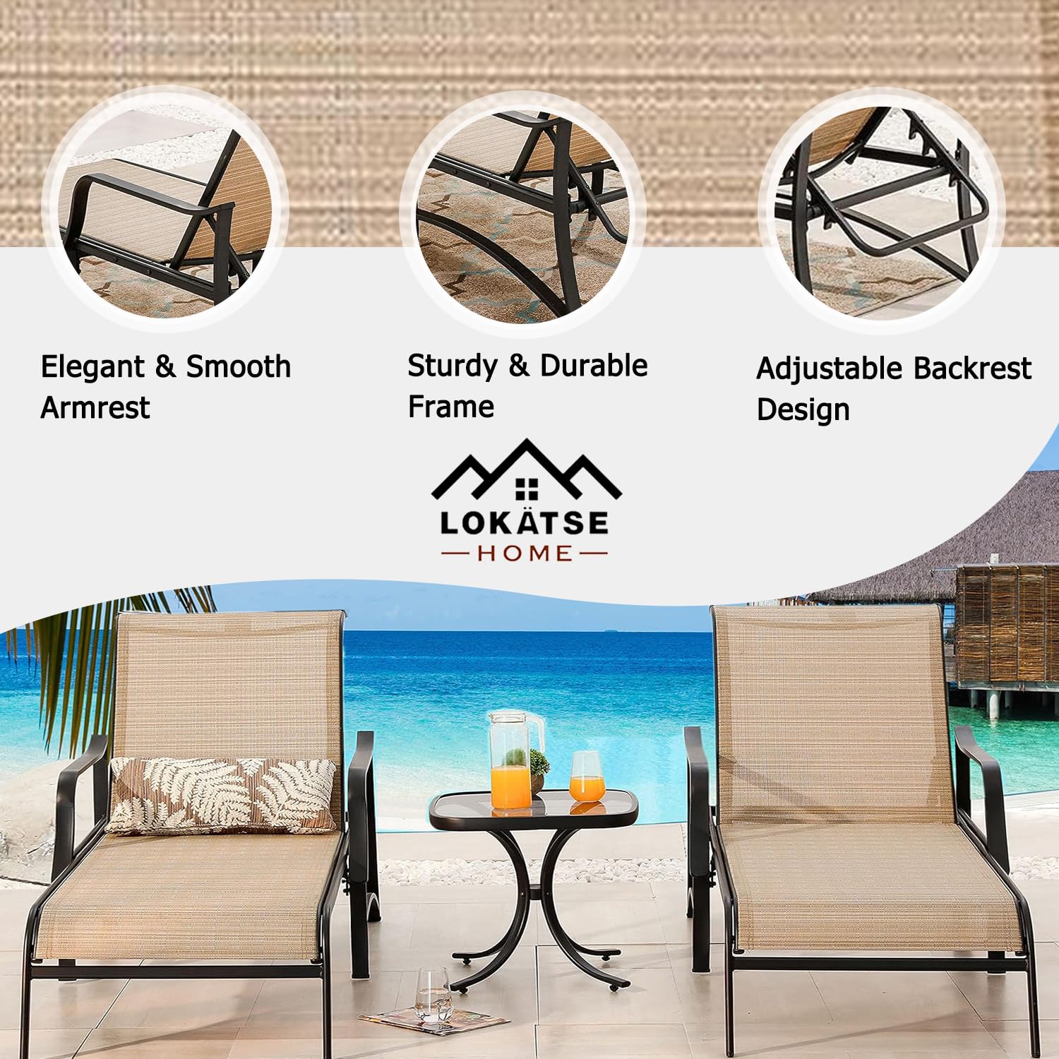 LOKATSE HOME 3 Pieces Outdoor Chaise Lounge Set Patio Pool Chairs Adjustable Back Steel Teslin with Coffee Table, Beige