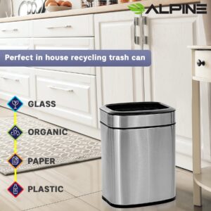 Alpine 6 L Stainless Steel Slim Open Trash Can - Compact Garbage Bin - Wide Access Top Slender Durable Receptacle with Sturdy Plastic Liner (1.6 Gal)