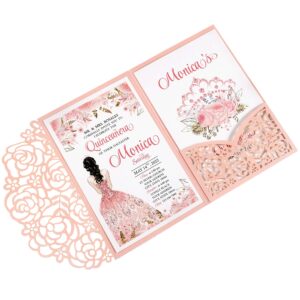 dreambuilt 4.7 x7 inch 50pcs personalized pink quinceanera invitations kit laser cut hollow rose pocket quinceanera invitation cards with envelopes for bridal shower quincenera birthday invite