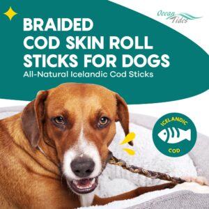 Ocean Tides Braided Icelandic Atlantic Cod Skins for Dogs and Cats, Fish Skin Dog Treats, Cod Sticks for Dogs, Dried Lean Crunch Sticks for Dog - 16 oz