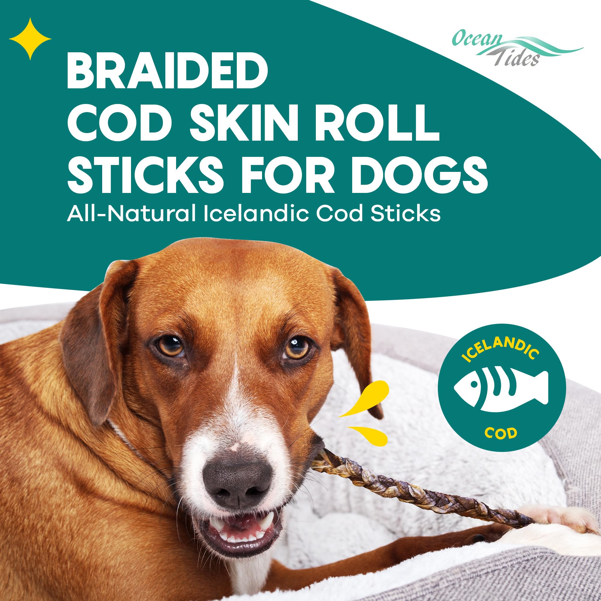 Ocean Tides Braided Icelandic Atlantic Cod Skins for Dogs and Cats, Fish Skin Dog Treats, Cod Sticks for Dogs, Dried Lean Crunch Sticks for Dog - 16 oz