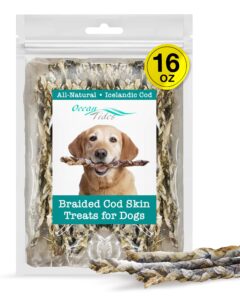 ocean tides braided icelandic atlantic cod skins for dogs and cats, fish skin dog treats, cod sticks for dogs, dried lean crunch sticks for dog - 16 oz