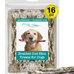 Ocean Tides Braided Icelandic Atlantic Cod Skins for Dogs and Cats, Fish Skin Dog Treats, Cod Sticks for Dogs, Dried Lean Crunch Sticks for Dog - 16 oz