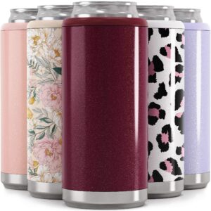 maars skinny can cooler for slim beer & hard seltzer | stainless steel 12oz sleeve, double wall vacuum insulated drink holder - glitter rosewood