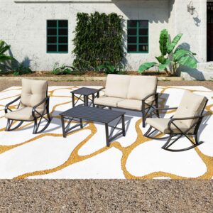 Patio Festival 5 Pieces Patio Conversation Set Wrought Iron Outdoor Furniture Deep Seating Metal Padded Cushion Sofa for Backyard Porch Poolside Balcony((Khaki)