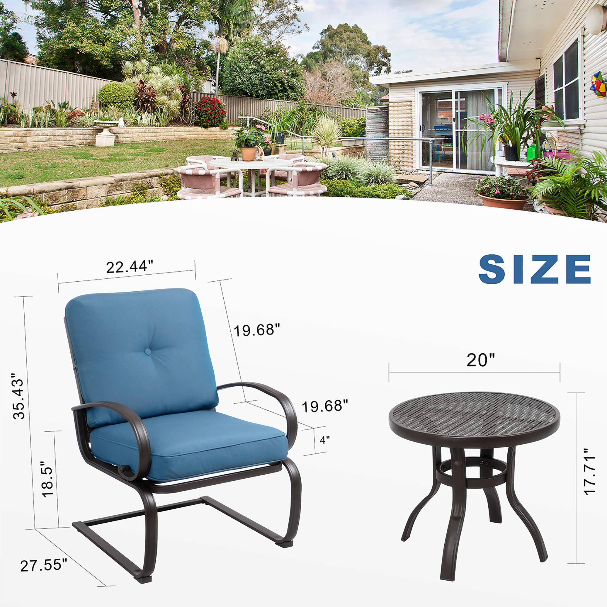 JY QAQA 3Pcs Outdoor Patio Bistro Set Springs Motion Chairs and Round Table Set, Indoor Steel Frame Conversation Furniture Set with Cushions(Peacock Blue)