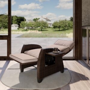 Grand patio Outdoor Recliner Moor Lay Flat Recliner with Flip Table Push Back Wicker Reclining Lounge Chair Flax