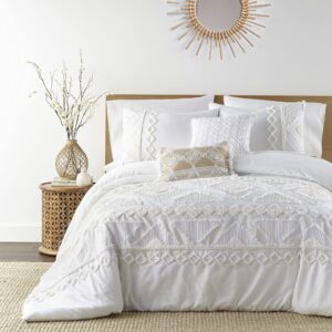 levtex home - harleson duvet cover set - full/queen duvet cover + two standard pillow cases - tufted chenille frayed tribal in white and cream - duvet (90 x 94in.) and pillow case (26x20in.) - cotton