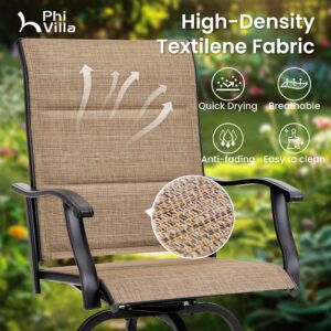 PHI VILLA Outdoor Swivel Bar Stools Set of 2, High Top Patio Chairs with Padded Textilene Seating, All-Weather Bar Height Furniture for Kitchen or Outside, Padded Brown Textilene