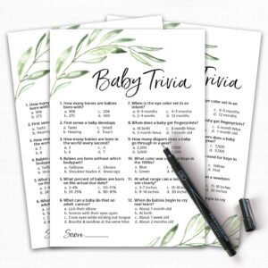 GREENERY Baby Shower Game — BABY TRIVIA Games — Pack of 25 — Fun Baby Facts Games, Floral, Green, Olive Branch Baby Shower Activity, Rustic Gender Neutral Baby Shower Games, G320-TRV