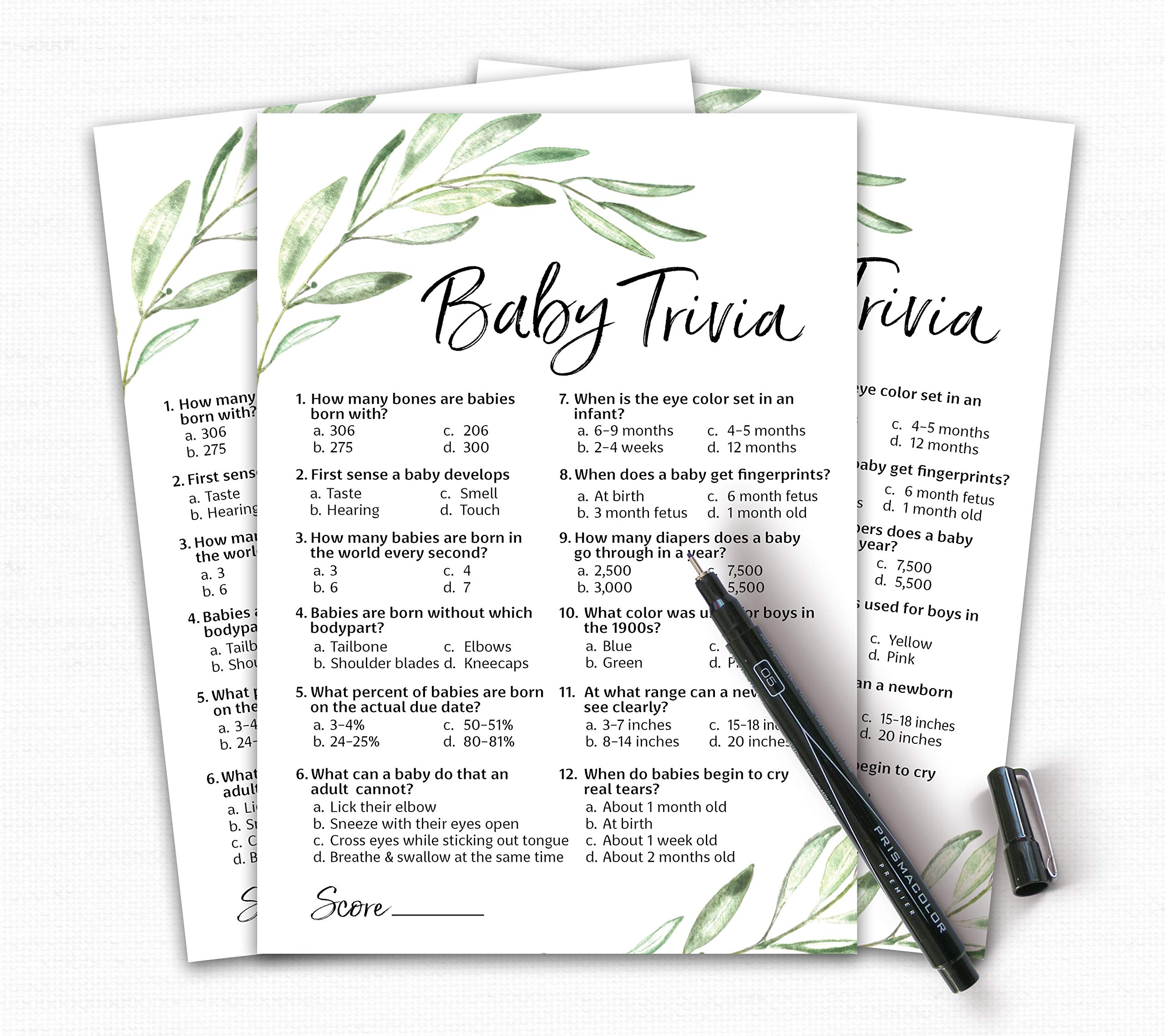 GREENERY Baby Shower Game — BABY TRIVIA Games — Pack of 25 — Fun Baby Facts Games, Floral, Green, Olive Branch Baby Shower Activity, Rustic Gender Neutral Baby Shower Games, G320-TRV