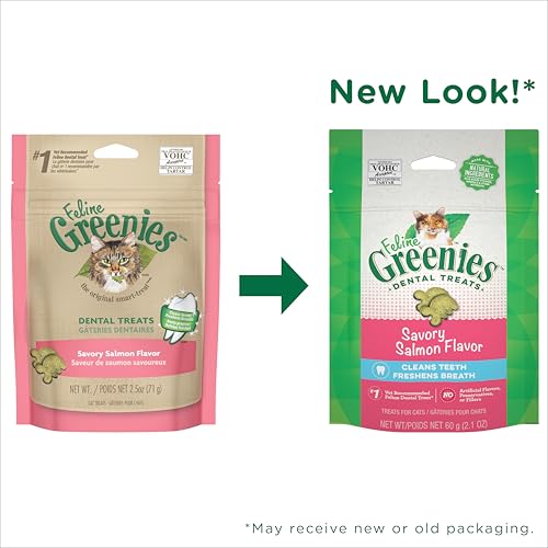 FELINE GREENIES Adult Natural Dental Care Cat Treats, Savory Salmon Flavor, 2.1 oz. Pouch