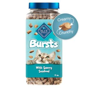 blue buffalo bursts crunchy & creamy cat treats, great for training, savory seafood, 12-oz tub