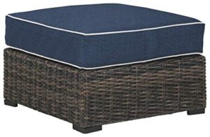 signature design by ashley grasson lane outdoor patio upholstered ottoman with wicker base, blue