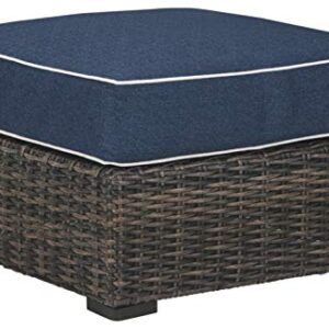 Signature Design by Ashley Grasson Lane Outdoor Patio Upholstered Ottoman with Wicker Base, Blue