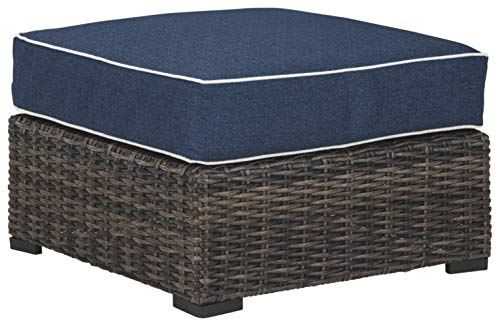 Signature Design by Ashley Grasson Lane Outdoor Patio Upholstered Ottoman with Wicker Base, Blue