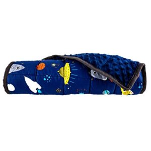 Sleepymoon Small Weighted Blanket for Kids Boys 5lbs 36''×48''Breathable 100% Organic Cotton Navy Minky with Glass Beads for Better Sleep Galaxy Spaceship Rocket Blue