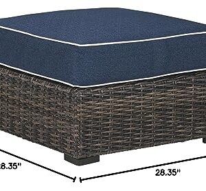 Signature Design by Ashley Grasson Lane Outdoor Patio Upholstered Ottoman with Wicker Base, Blue