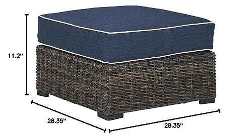 Signature Design by Ashley Grasson Lane Outdoor Patio Upholstered Ottoman with Wicker Base, Blue