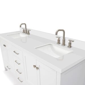 ARIEL Double Bathroom Vanity 73" Grey with 1.5" Edge Pure White Quartz Countertop & Splash, Rectangular Sinks, 4 Soft Closing Doors, 6 Full Extension Dovetail Drawers, Brushed Nickel (White)